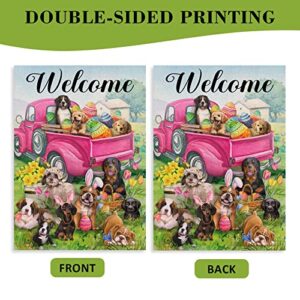 Covido Home Decorative Welcome Easter Eggs Pink Truck Dog Garden Flag, Country Puppy House Yard Daffodil Tulip Daisy Flowers Outside Decoration, Spring Floral Outdoor Small Decor Double Sided 12 x 18