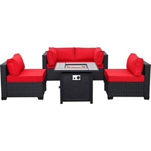 Outdoor Patio PE Wicker 5 Piece Furniture Set, Black Rattan Sectional Conversation Sofa Chair with Square Propane Fire Pit Table, Red Cushion