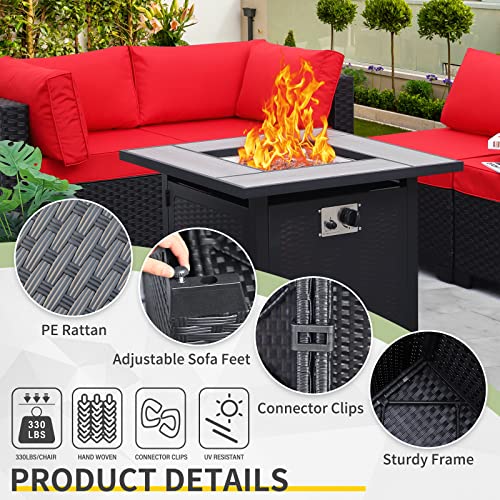 Outdoor Patio PE Wicker 5 Piece Furniture Set, Black Rattan Sectional Conversation Sofa Chair with Square Propane Fire Pit Table, Red Cushion