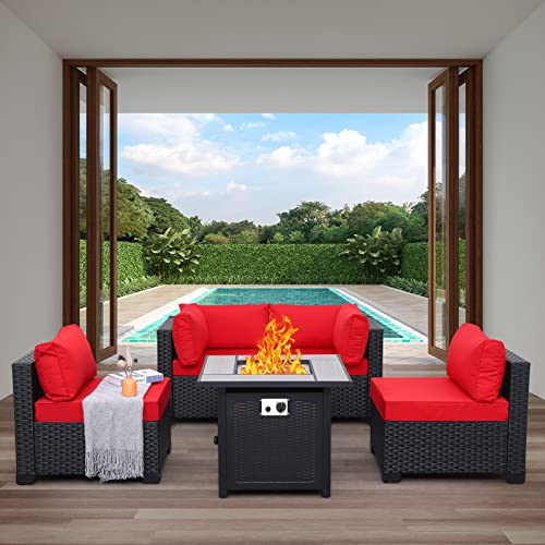 Outdoor Patio PE Wicker 5 Piece Furniture Set, Black Rattan Sectional Conversation Sofa Chair with Square Propane Fire Pit Table, Red Cushion