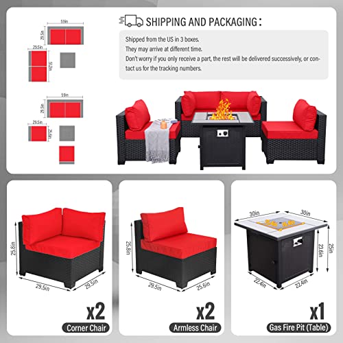 Outdoor Patio PE Wicker 5 Piece Furniture Set, Black Rattan Sectional Conversation Sofa Chair with Square Propane Fire Pit Table, Red Cushion