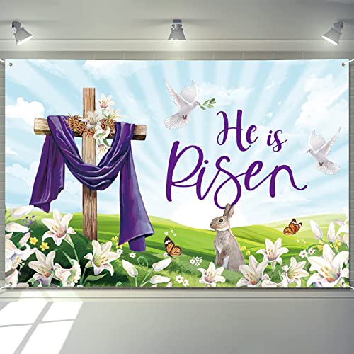 Arosche Easter Decorations He is Risen Banner 72" x 48" Backdrop Cross Lily Religious Christian Photography Sping Summer Seasonal Holiday Backdrop for Indoor Outdoor Garden,Yard,Party Home Decorations