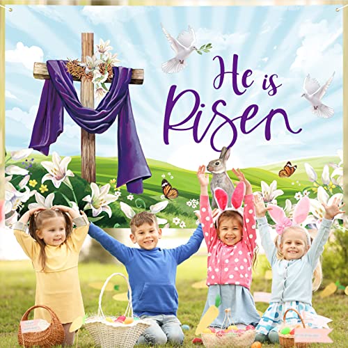 Arosche Easter Decorations He is Risen Banner 72" x 48" Backdrop Cross Lily Religious Christian Photography Sping Summer Seasonal Holiday Backdrop for Indoor Outdoor Garden,Yard,Party Home Decorations