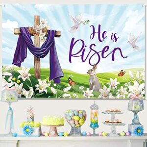 Arosche Easter Decorations He is Risen Banner 72" x 48" Backdrop Cross Lily Religious Christian Photography Sping Summer Seasonal Holiday Backdrop for Indoor Outdoor Garden,Yard,Party Home Decorations