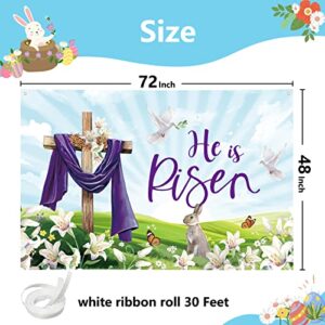 Arosche Easter Decorations He is Risen Banner 72" x 48" Backdrop Cross Lily Religious Christian Photography Sping Summer Seasonal Holiday Backdrop for Indoor Outdoor Garden,Yard,Party Home Decorations