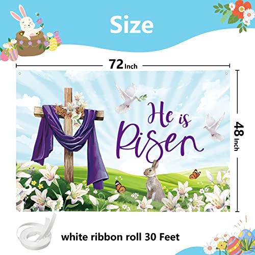 Arosche Easter Decorations He is Risen Banner 72" x 48" Backdrop Cross Lily Religious Christian Photography Sping Summer Seasonal Holiday Backdrop for Indoor Outdoor Garden,Yard,Party Home Decorations