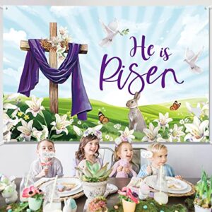 Arosche Easter Decorations He is Risen Banner 72" x 48" Backdrop Cross Lily Religious Christian Photography Sping Summer Seasonal Holiday Backdrop for Indoor Outdoor Garden,Yard,Party Home Decorations