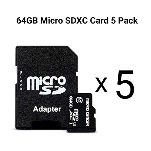 Micro Center 64GB Class 10 MicroSDXC Flash Memory Card with Adapter for Mobile Device Storage Phone, Tablet, Drone & Full HD Video Recording - 80MB/s UHS-I, C10, U1 (5 Pack)