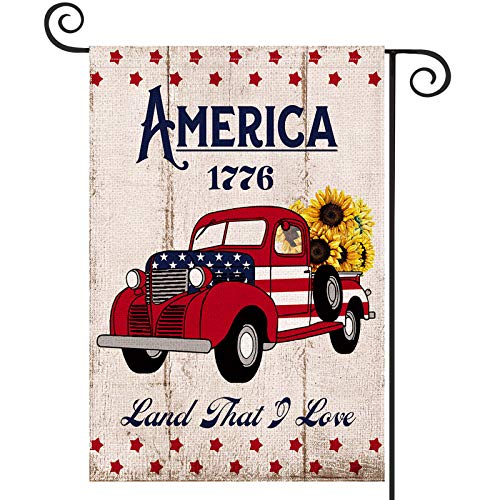 EKOREST 4th of July Garden Flag for Outside,American Red Truck with Summer Sunflowers,12 x 18 Double Sided,Small Independence Day Farmhouse Décor,Patriotic Star Yard Flags for Memorial Day Outdoor