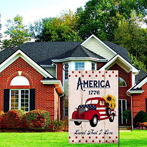 EKOREST 4th of July Garden Flag for Outside,American Red Truck with Summer Sunflowers,12 x 18 Double Sided,Small Independence Day Farmhouse Décor,Patriotic Star Yard Flags for Memorial Day Outdoor