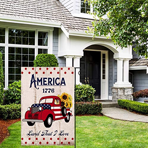 EKOREST 4th of July Garden Flag for Outside,American Red Truck with Summer Sunflowers,12 x 18 Double Sided,Small Independence Day Farmhouse Décor,Patriotic Star Yard Flags for Memorial Day Outdoor