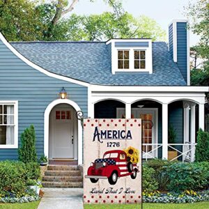 EKOREST 4th of July Garden Flag for Outside,American Red Truck with Summer Sunflowers,12 x 18 Double Sided,Small Independence Day Farmhouse Décor,Patriotic Star Yard Flags for Memorial Day Outdoor