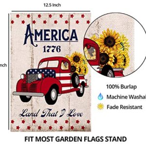 EKOREST 4th of July Garden Flag for Outside,American Red Truck with Summer Sunflowers,12 x 18 Double Sided,Small Independence Day Farmhouse Décor,Patriotic Star Yard Flags for Memorial Day Outdoor