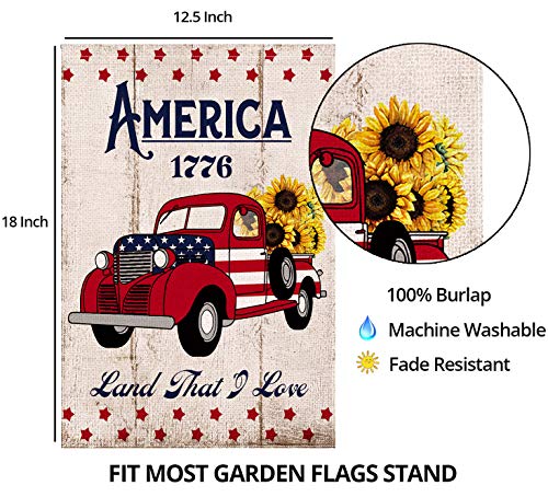 EKOREST 4th of July Garden Flag for Outside,American Red Truck with Summer Sunflowers,12 x 18 Double Sided,Small Independence Day Farmhouse Décor,Patriotic Star Yard Flags for Memorial Day Outdoor