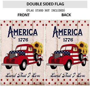 EKOREST 4th of July Garden Flag for Outside,American Red Truck with Summer Sunflowers,12 x 18 Double Sided,Small Independence Day Farmhouse Décor,Patriotic Star Yard Flags for Memorial Day Outdoor