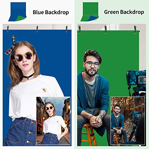 JEBUTU Green Blue Backdrop with Stand Kit 5 x 6.5 Ft, Double-sided Reversible Green Blue Screen with Portable T-Shaped Photograph Background Stand,5 Backdrop Clips for Video,TikTok,YouTube,Zoom,Gaming