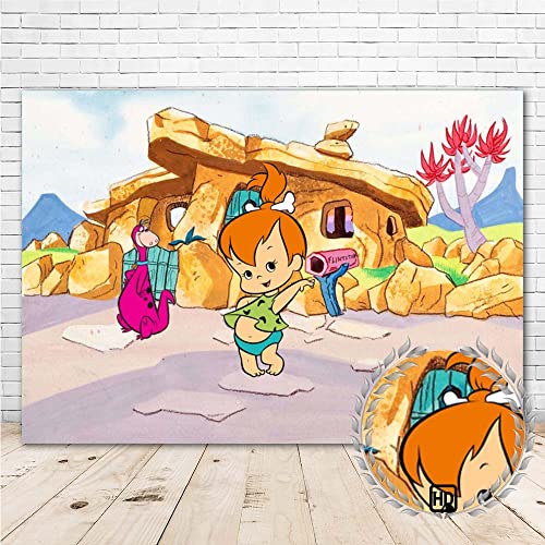 RURU Pebbles Backdrop for Girl 1st Birthday Party Decorations 7x5 Vinyl Dino and Pebblies Banner Flintstones Photograohy Background Room Wall Decor Photo Booth Props One Size