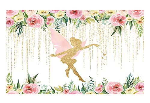 Funnytree Floral Fairy Birthday Party Backdrop for Photography Pink and Gold Fairy Tale Tea Flowers Wonderland Princess Girl Baby Shower Background Decoration Banner Supplies Photo Booth