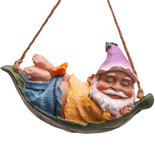 TERESA'S COLLECTIONS Cute Garden Gnomes Decorations for Yard Hanging Statues Outdoor Gifts, Sleepy Gnome in Swing Leaf Hammock Resin Tree Ornaments Figurines for Stump Branch Lawn Patio Decor, 7.5"