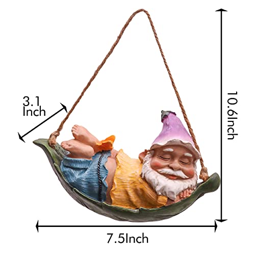 TERESA'S COLLECTIONS Cute Garden Gnomes Decorations for Yard Hanging Statues Outdoor Gifts, Sleepy Gnome in Swing Leaf Hammock Resin Tree Ornaments Figurines for Stump Branch Lawn Patio Decor, 7.5"