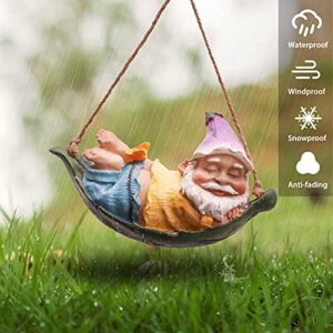 TERESA'S COLLECTIONS Cute Garden Gnomes Decorations for Yard Hanging Statues Outdoor Gifts, Sleepy Gnome in Swing Leaf Hammock Resin Tree Ornaments Figurines for Stump Branch Lawn Patio Decor, 7.5"