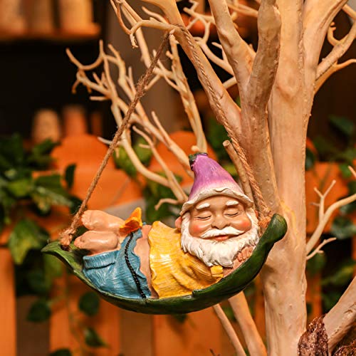 TERESA'S COLLECTIONS Cute Garden Gnomes Decorations for Yard Hanging Statues Outdoor Gifts, Sleepy Gnome in Swing Leaf Hammock Resin Tree Ornaments Figurines for Stump Branch Lawn Patio Decor, 7.5"