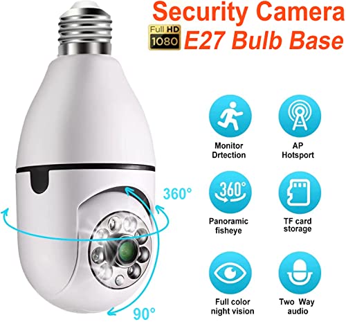 Light Bulb Security Camera, 1080P 2.4GHz WiFi Home Security Camera, 360° Surveillance Cam with Motion Detection Alarm Night Vision Light Socket Security Camera