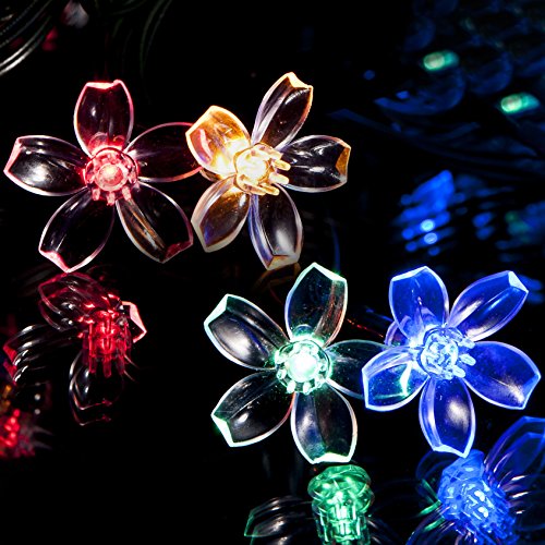 50 Multi-Colour LED Flower Blossom Solar Powered Fairy Lights - Waterproof Solar Decoration String Lights with Built-in Night Sensor - for Christmas, Outdoor, Garden, Fence, Patio, Yard, Walkway