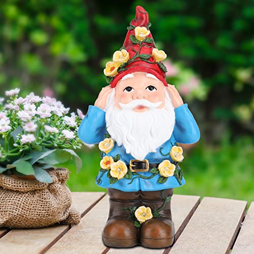 Ovewios Garden Gnome Statue, Large Funny Garden Sculptures & Statues Flowers Decorations with Solar LED Light Resin Outdoor Statues for Outdoor Patio Lawn Porch Yard Ornaments