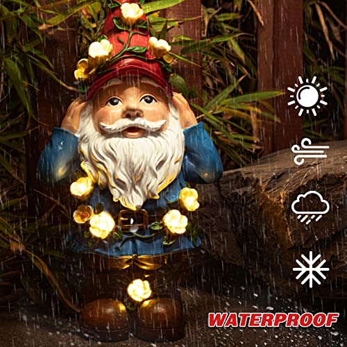 Ovewios Garden Gnome Statue, Large Funny Garden Sculptures & Statues Flowers Decorations with Solar LED Light Resin Outdoor Statues for Outdoor Patio Lawn Porch Yard Ornaments