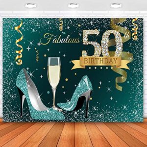 Sensfun Teal Gold Happy 50th Birthday Backdrop Glitter Silver Dots High Heels Champagne Glass Photography Background for Women Fabulous 50 Birthday Party Decorations Banner Photo Backdrops 7x5ft