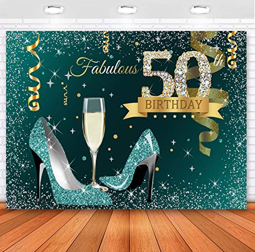 Sensfun Teal Gold Happy 50th Birthday Backdrop Glitter Silver Dots High Heels Champagne Glass Photography Background for Women Fabulous 50 Birthday Party Decorations Banner Photo Backdrops 7x5ft