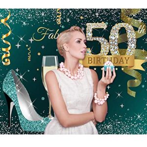 Sensfun Teal Gold Happy 50th Birthday Backdrop Glitter Silver Dots High Heels Champagne Glass Photography Background for Women Fabulous 50 Birthday Party Decorations Banner Photo Backdrops 7x5ft