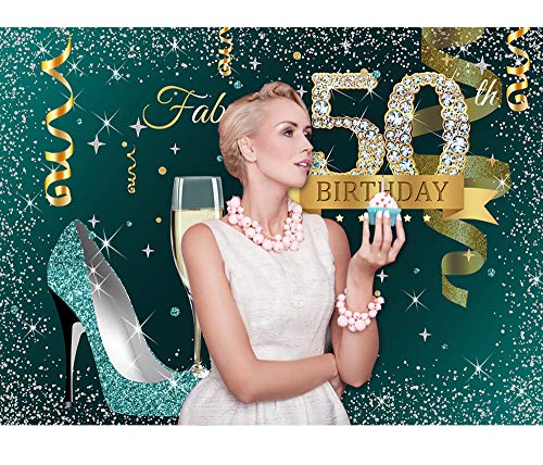 Sensfun Teal Gold Happy 50th Birthday Backdrop Glitter Silver Dots High Heels Champagne Glass Photography Background for Women Fabulous 50 Birthday Party Decorations Banner Photo Backdrops 7x5ft