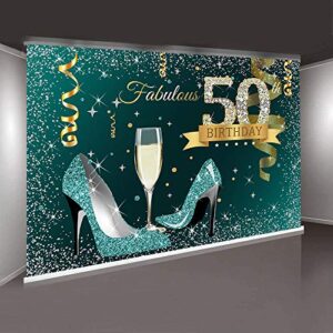 Sensfun Teal Gold Happy 50th Birthday Backdrop Glitter Silver Dots High Heels Champagne Glass Photography Background for Women Fabulous 50 Birthday Party Decorations Banner Photo Backdrops 7x5ft