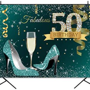 Sensfun Teal Gold Happy 50th Birthday Backdrop Glitter Silver Dots High Heels Champagne Glass Photography Background for Women Fabulous 50 Birthday Party Decorations Banner Photo Backdrops 7x5ft