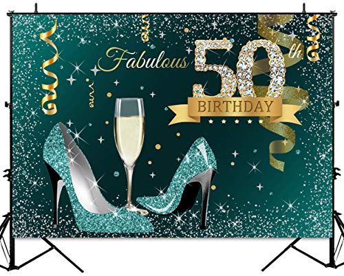 Sensfun Teal Gold Happy 50th Birthday Backdrop Glitter Silver Dots High Heels Champagne Glass Photography Background for Women Fabulous 50 Birthday Party Decorations Banner Photo Backdrops 7x5ft