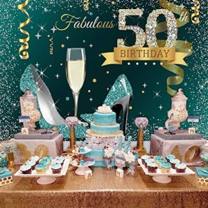 Sensfun Teal Gold Happy 50th Birthday Backdrop Glitter Silver Dots High Heels Champagne Glass Photography Background for Women Fabulous 50 Birthday Party Decorations Banner Photo Backdrops 7x5ft