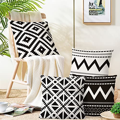 Outdoor Pillow Covers 18x18 Waterproof Set of 4 Boho Black and White Outdoor Pillows for Patio Furniture Decorative Garden Cushion Couch Throw Pillows Covers Farmhouse Home Decor 