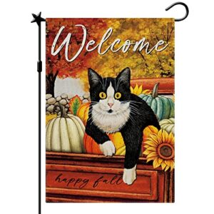 cmegke fall cat garden flag cat autumn thanksgiving garden flag hello fall yard flag, fall flag for garden double sided burlap seasonal home cat autumn farmhouse outdoor decor 12.5 x 18 in