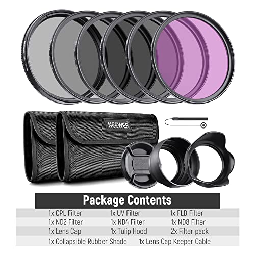 NEEWER 58mm Professional Lens Filter Kit: UV CPL FLD, ND2 ND4 ND8, Lens Hood, Lens Cap, Neutral Density Filter and Accessory Kit Compatible with Canon Nikon Sony Panasonic DSLR Cameras with 58mm Lens