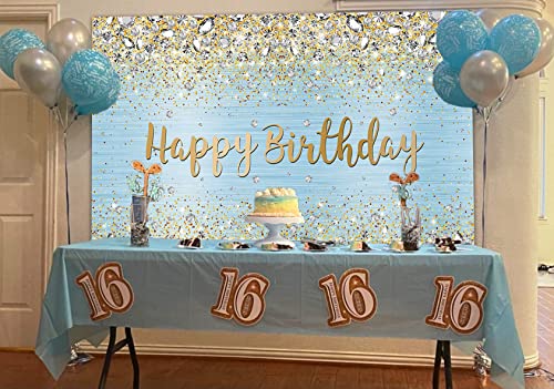 WDA Blue Happy Birthday Backdrop Golden Diamond Shiny Bokeh Photography Background Sweet Girl Party Photo Decoration Banner Dessert Cake Table Supplies (7x5FT)