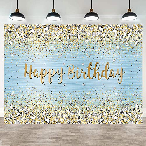 WDA Blue Happy Birthday Backdrop Golden Diamond Shiny Bokeh Photography Background Sweet Girl Party Photo Decoration Banner Dessert Cake Table Supplies (7x5FT)