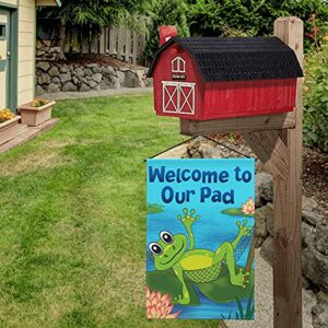 12x18 Inch Garden Flag Welcome To Our Pad Frog Burlap House Flags Double Sided Outdoor Flags Decorative Flag For Patio Lawn Home Farmyard Decor