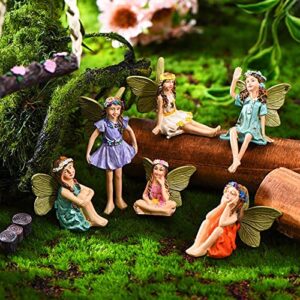 6 pieces miniature fairies accessories mini figurines with stick little girl sculpture yard ornaments potted plants resin decor for outdoor garden lawn decoration