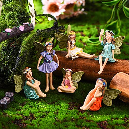 6 Pieces Miniature Fairies Accessories Mini Figurines with Stick Little Girl Sculpture Yard Ornaments Potted Plants Resin Decor for Outdoor Garden Lawn Decoration