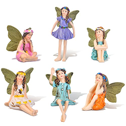 6 Pieces Miniature Fairies Accessories Mini Figurines with Stick Little Girl Sculpture Yard Ornaments Potted Plants Resin Decor for Outdoor Garden Lawn Decoration