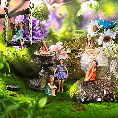 6 Pieces Miniature Fairies Accessories Mini Figurines with Stick Little Girl Sculpture Yard Ornaments Potted Plants Resin Decor for Outdoor Garden Lawn Decoration