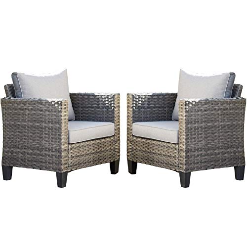 OVIOS Patio Furniture Set 2 Wicker Chairs All Weather Outdoor Single Chairs Patio Dining Chairs Manual Weaving Rattan Sofa, Garden Porch Backyard, Steel (Pure Grey)