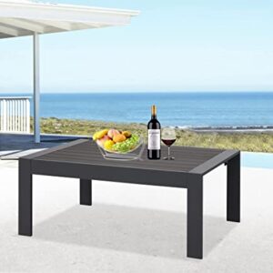 Odoor Direct Patio Furniture Aluminum Coffee Table, All-Weather Metal Rectangle Patio Table with Imitation Wood Tabletop, Dark Grey